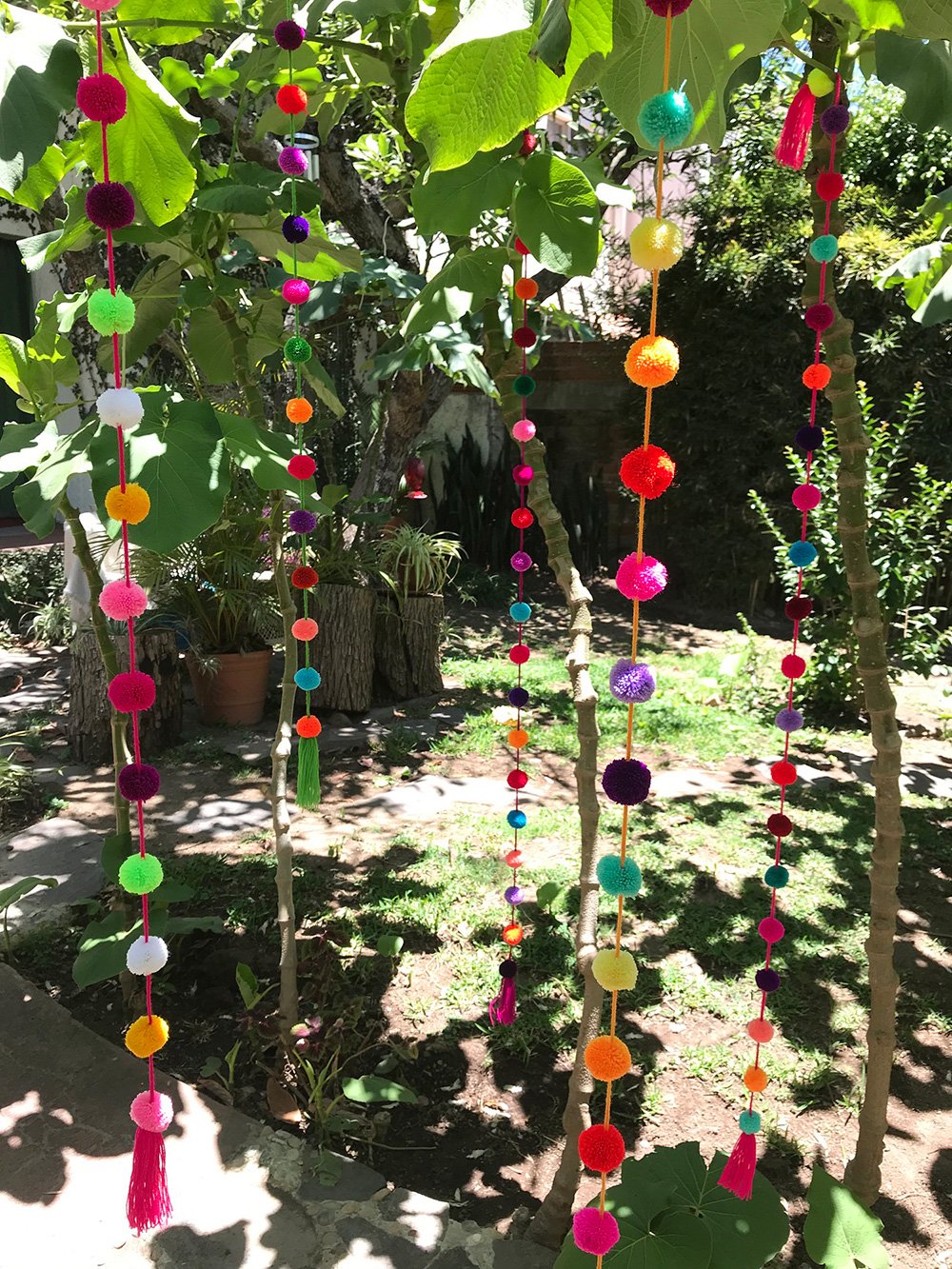 Pom Pom Garlands | 5 Multi-Coloured Pom Pom Strings | Each 1.5m/5ft Lo